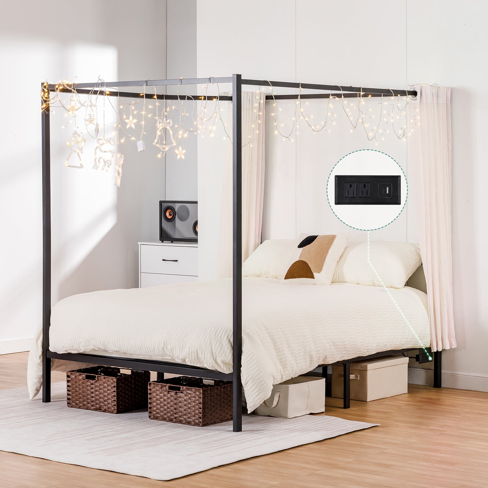 COMHOMA Full Size Metal Canopy Bed Frame 14 inch Platform with Built-in ...