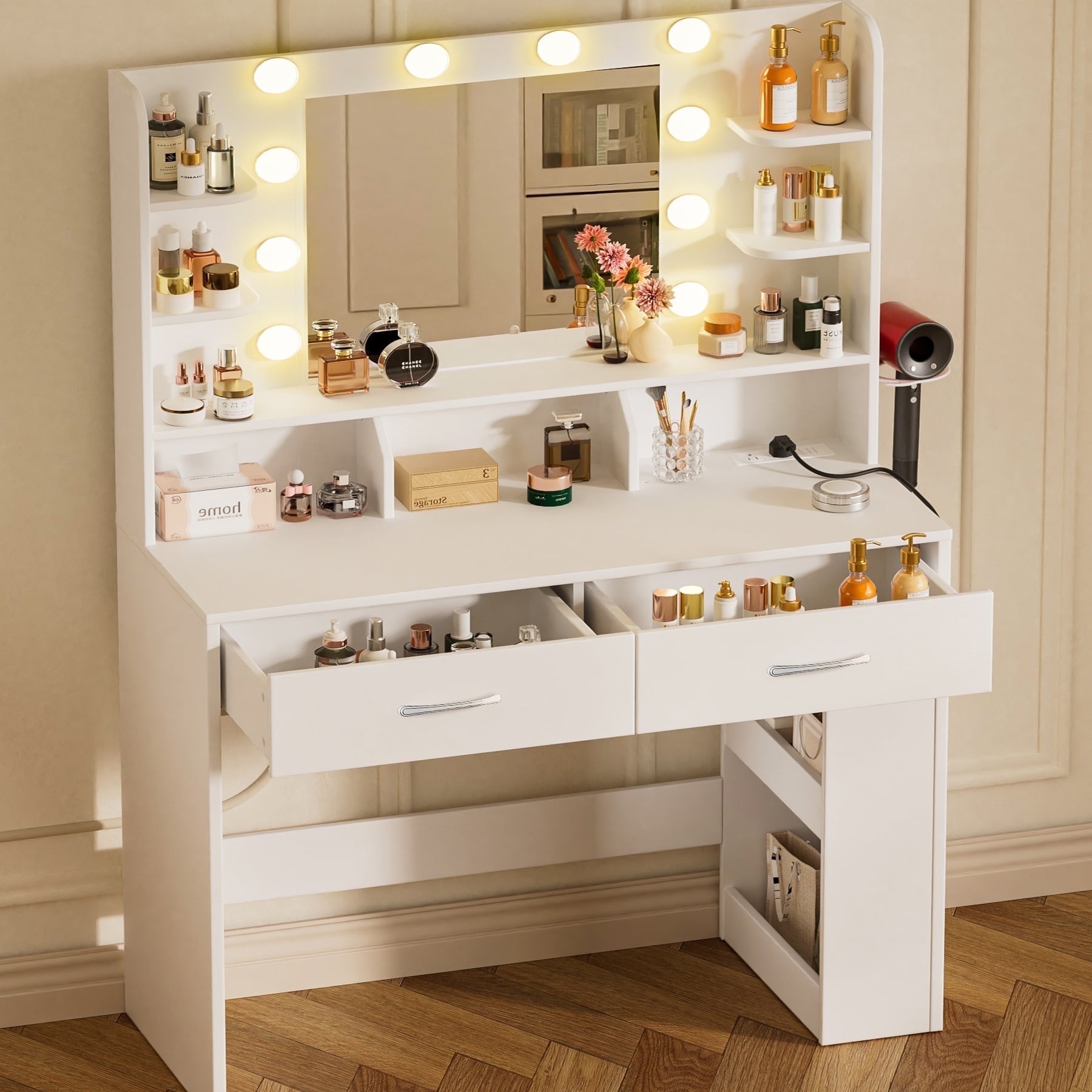 COMHOMA White Vanity Desk with Mirror and Lights, Hairdryer Holder, 5 ...