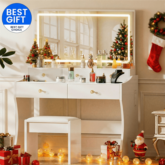 GALAXHERO White Vanity Desk with Mirror and Lights, Makeup Vanity with ...