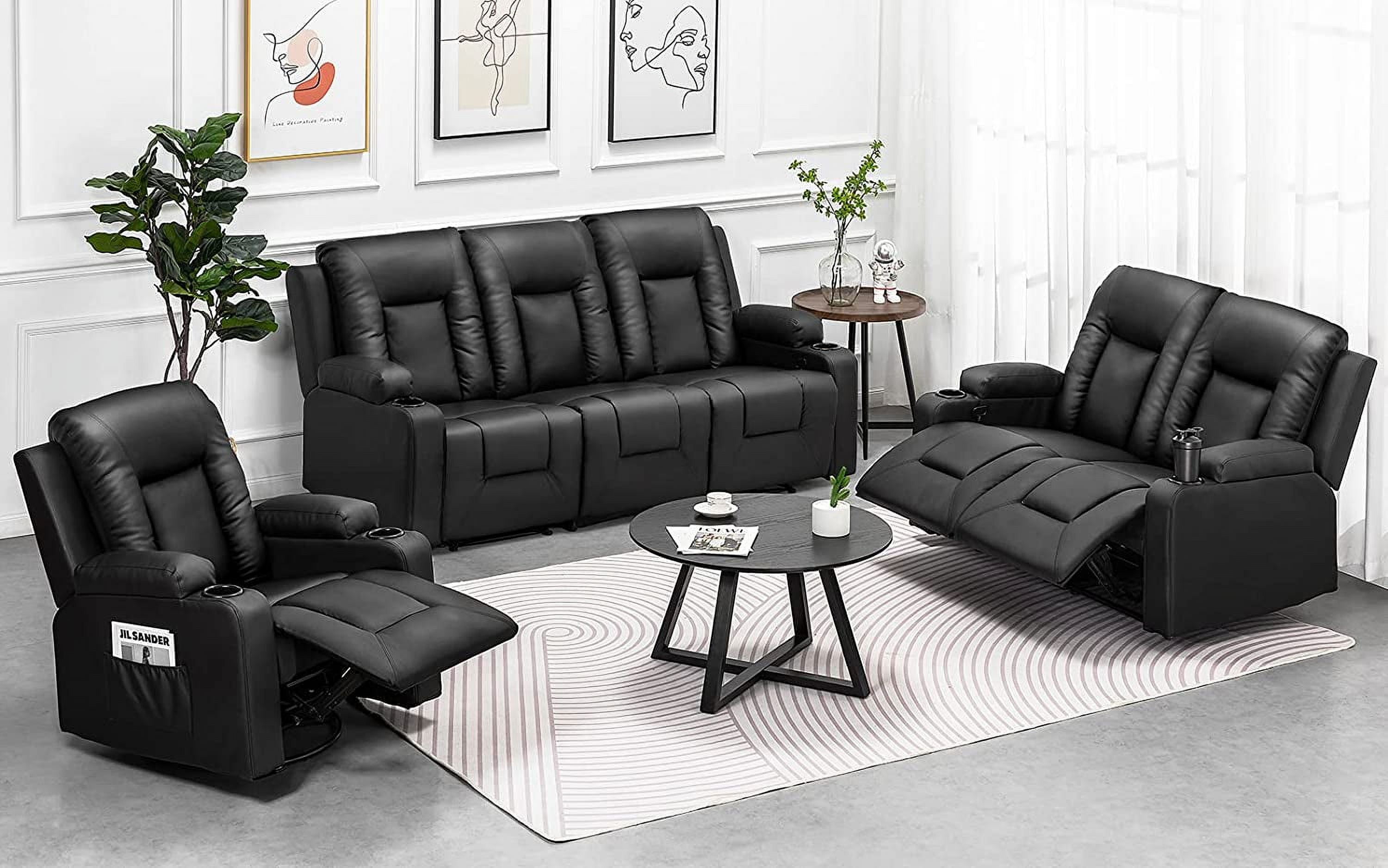 COMHOMA, Recline Chair Set, Black, 3PC Bonded Leather Living Room Set ...
