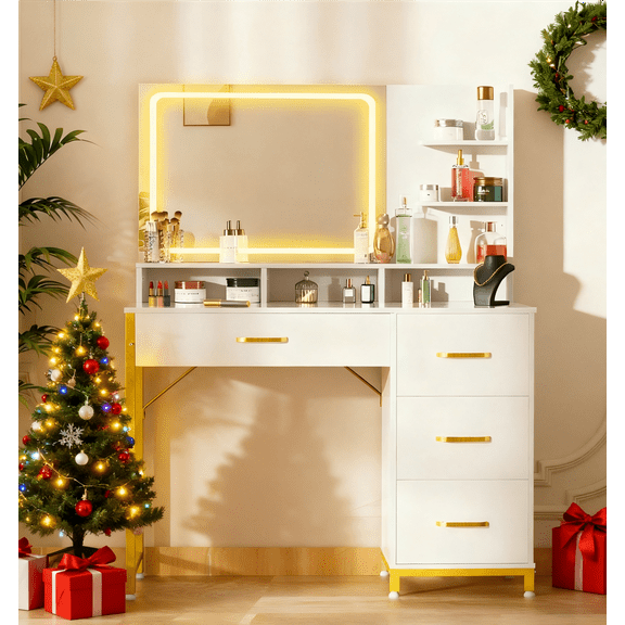 Jopath White Vanity Desk with Mirror & Lights,Makeup Vanity Table with ...