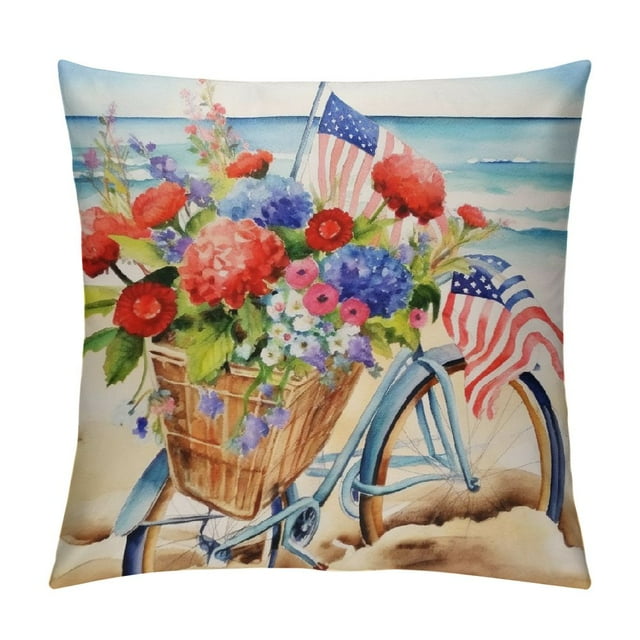 COMIO 4th of July Blue Bicycle Flower Pillow Covers Summer Ocean Beach Bike with Stars and ...