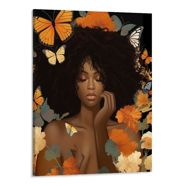 COMIO Abstract African American Black Woman Canvas Wall Art, Boho Fashion Flower Art print ...