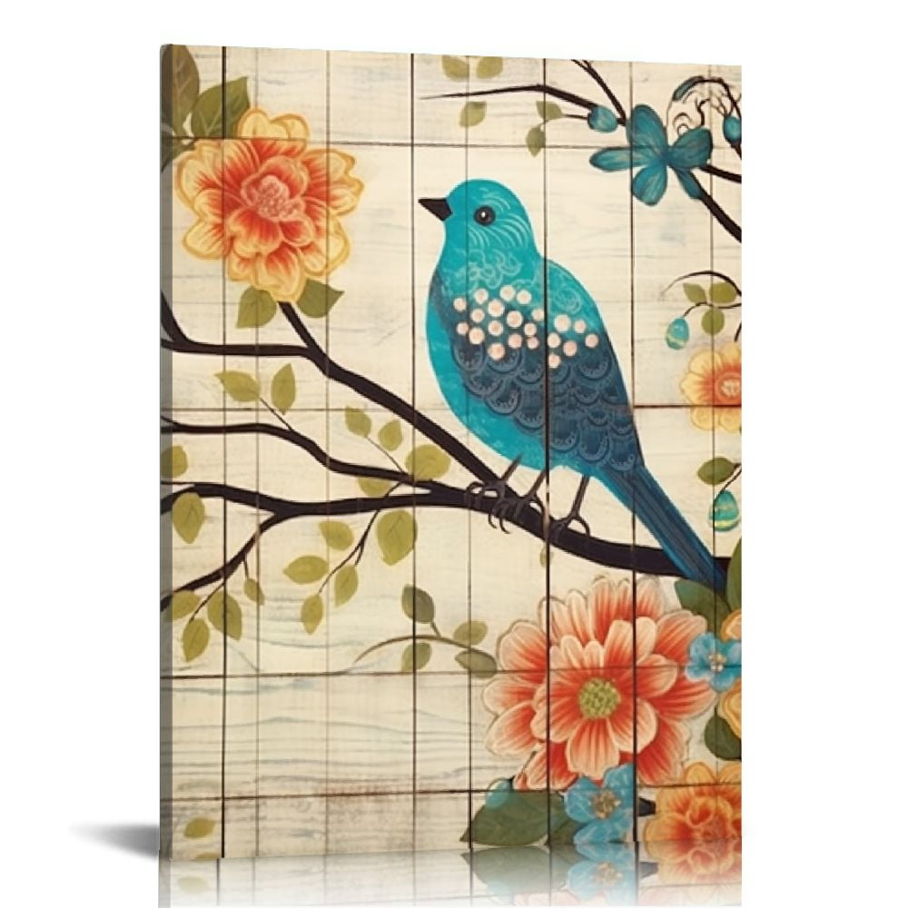 COMIO Abstract Bird Canvas Wall Art Colorful Flower On Rustic Wood ...