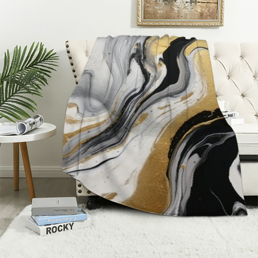 COMIO Abstract Black and Gold Swirl Liquid Ink Marble Throw Blanket ...