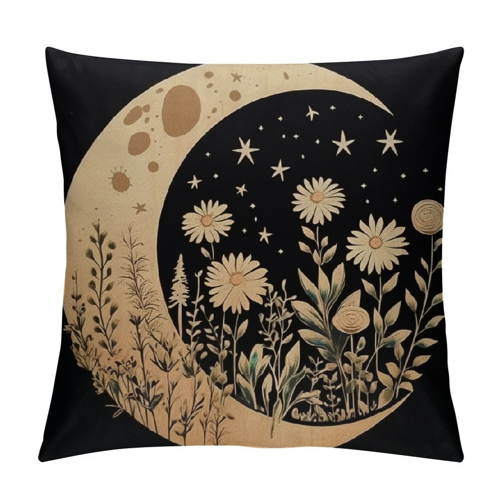 COMIO Abstract Boho Gold Moon Stars Flowers Decorative Pillowcase Throw ...