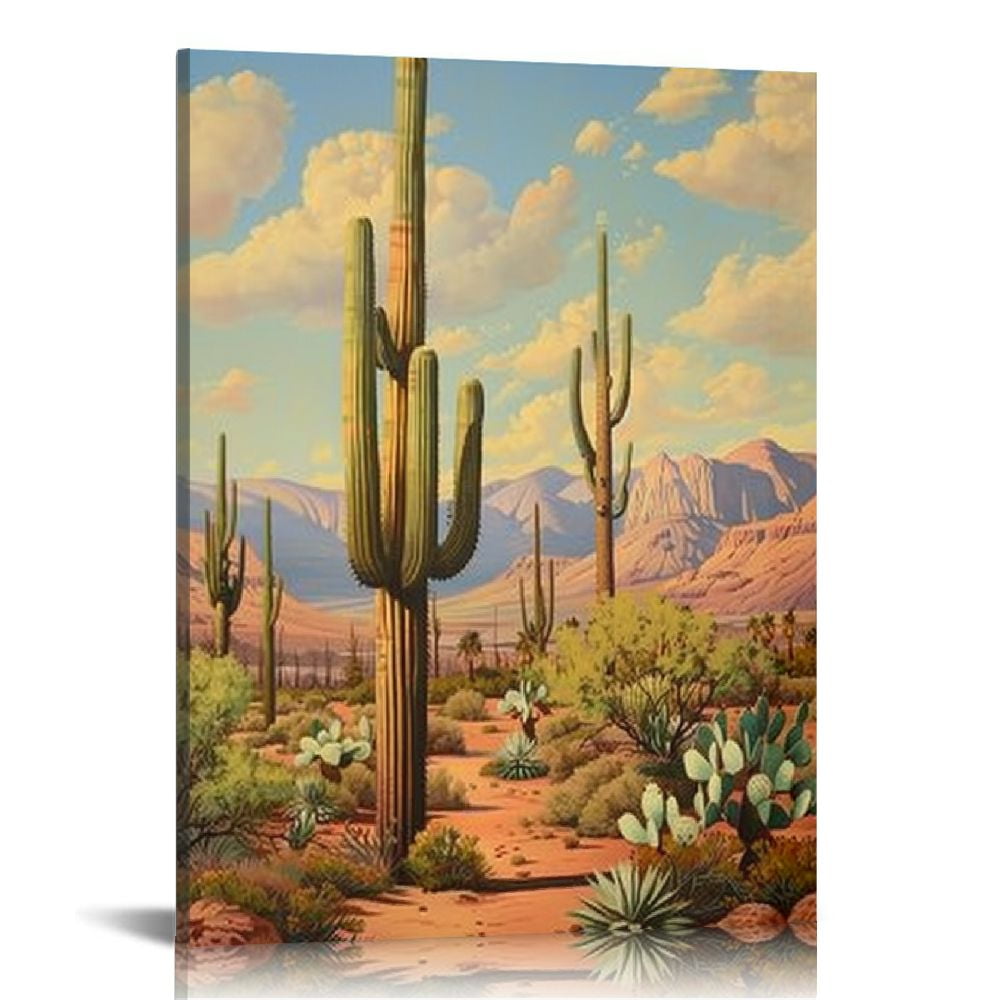 COMIO Abstract Cactus Wall Art Green Cactus Painting Desert Landscape ...