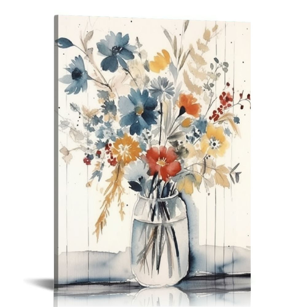COMIO Abstract Flower Bouquet Wall Art: Gray Blue Floral in Jar ...
