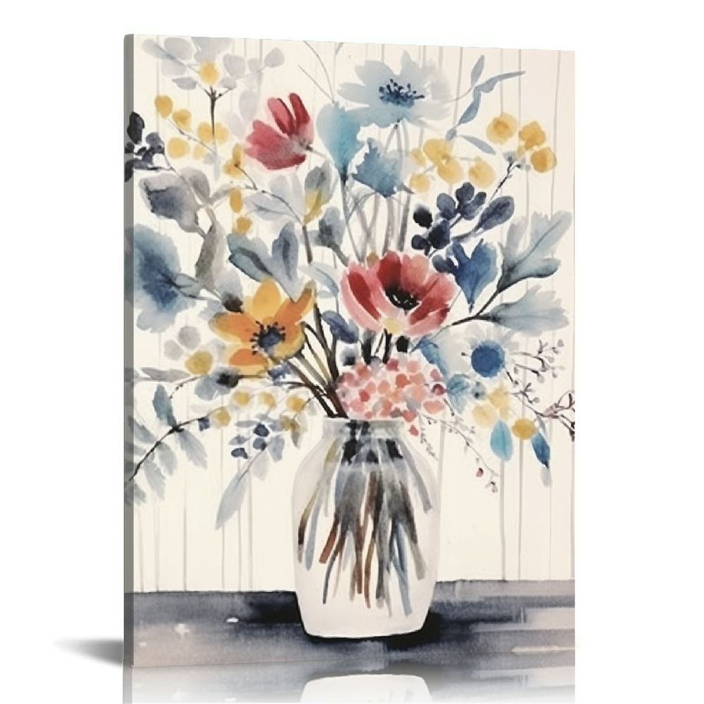 COMIO Abstract Flower Bouquet Wall Art: Gray Blue Floral in Jar ...