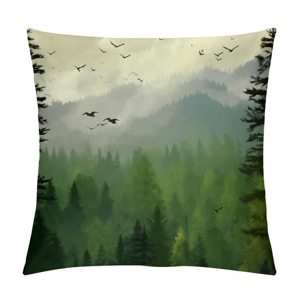 Comio Abstract Misty Forest Pillow Covers Green Nature Pine Tree