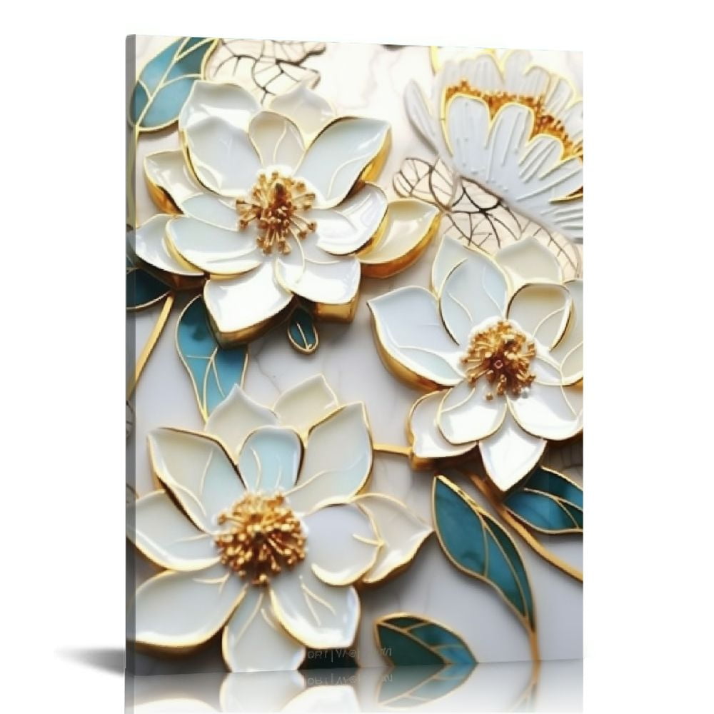 COMIO Abstract White Gold Flower Canvas Wall Art White Peach Blossom White Flower Picture White ...