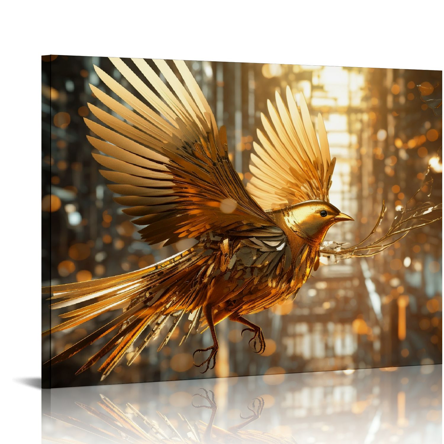 COMIO Abstract Wing Print on Canvas, Original Grey and Gold Feather ...