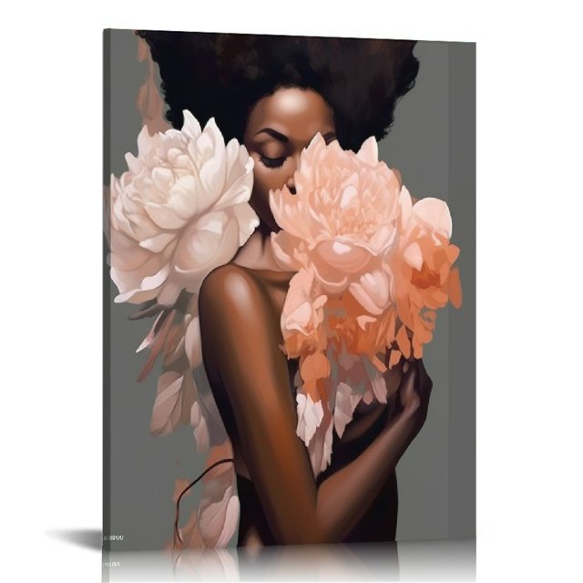 COMIO African American Wall Art Pink Flower on Black Women Head Vintage Canvas Art Paintings ...