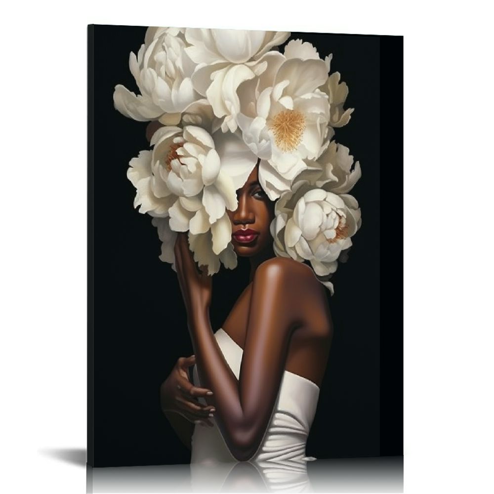 COMIO African American Wall Art White Flower on Black Women Head Vintage Canvas Art Paintings ...