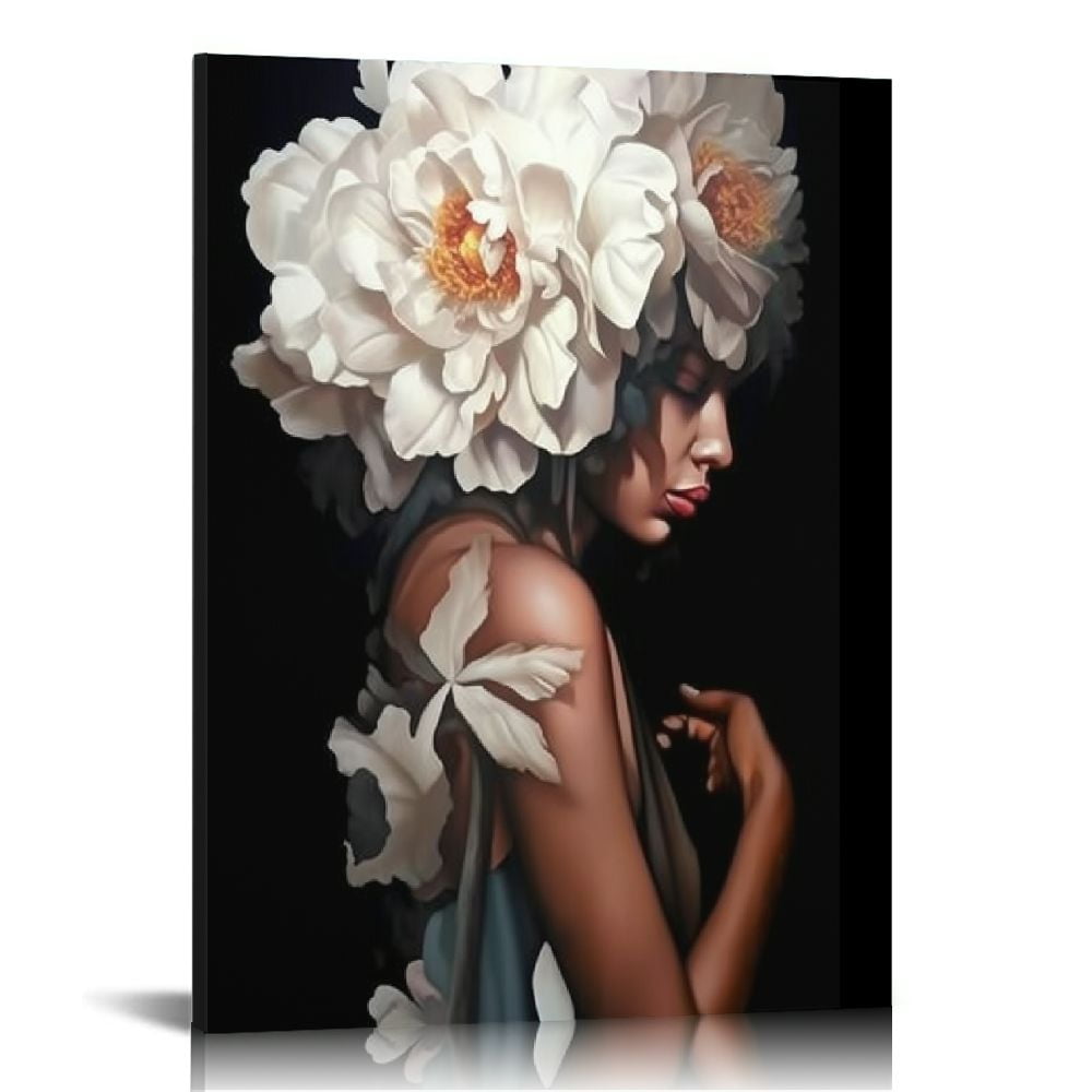 COMIO African American Wall Art White Flower on Black Women Head Vintage Canvas Art Paintings ...