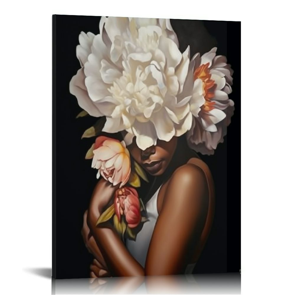 COMIO African American Wall Art White Flower on Black Women Head Vintage Canvas Art Paintings ...