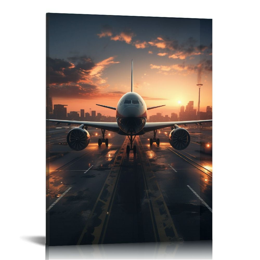 COMIO Airplane Canvas Wall Art Decor Aircraft Flying over Runway Along ...