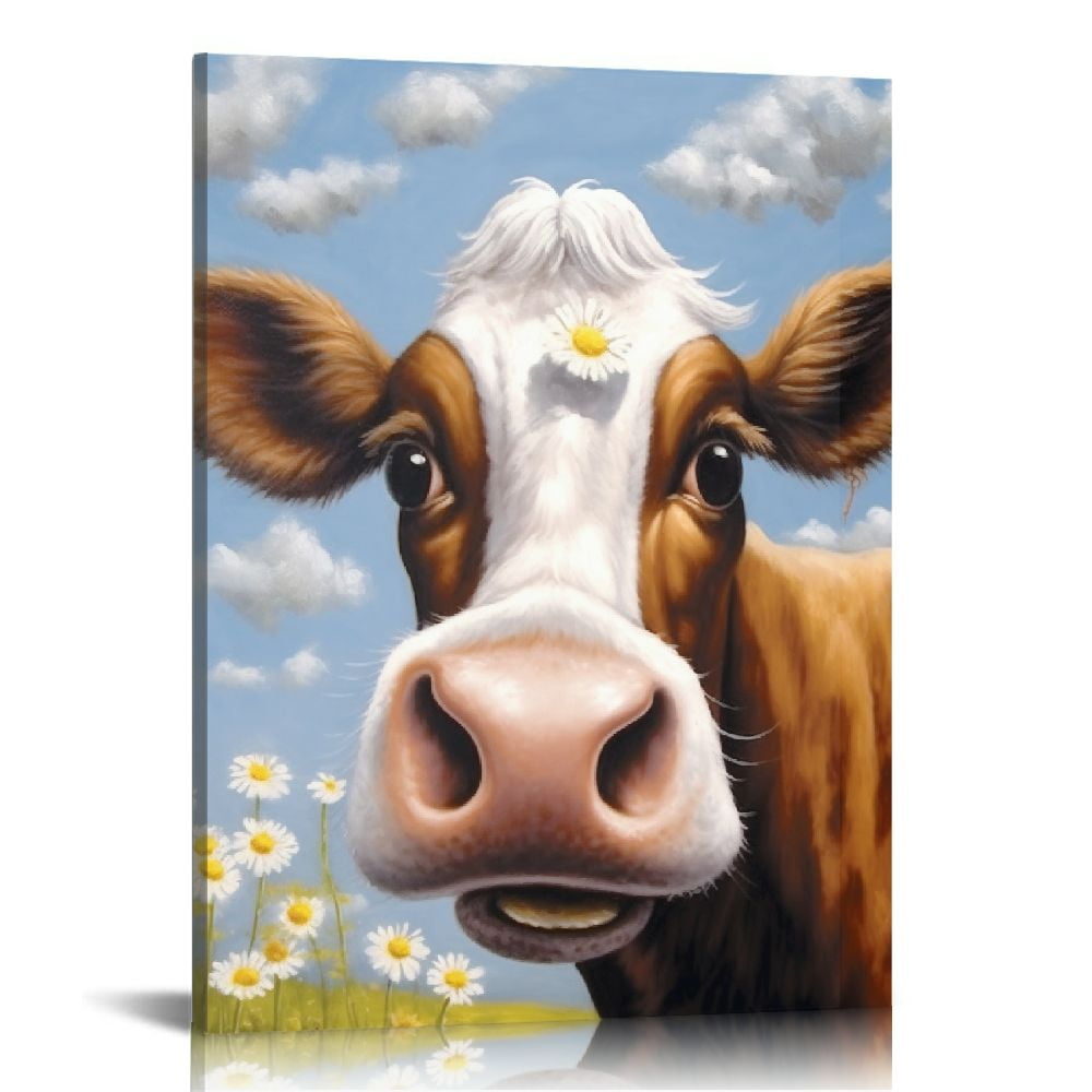 COMIO Animal Picture Cow Wall Art: Cute Cow Biting Flowers in the Mouth ...