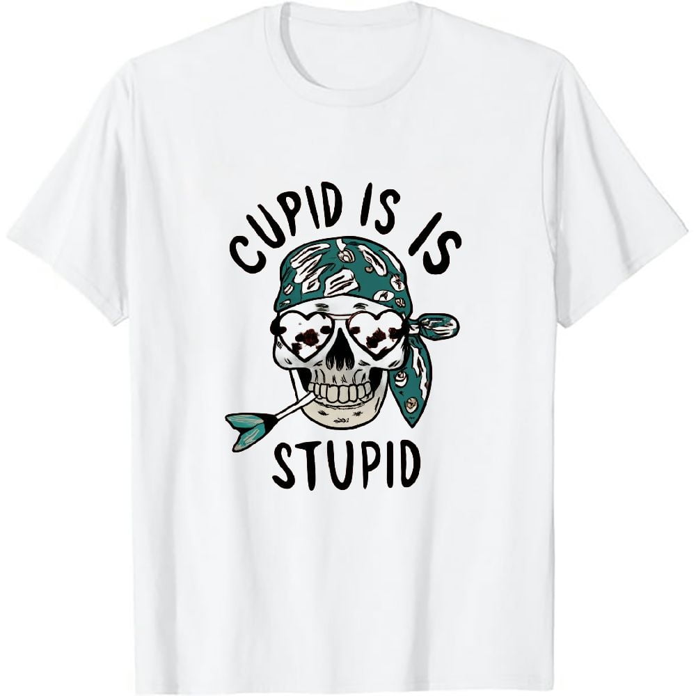 COMIO Anti Valentines Day Cupid Is Stupid Skull Messy Bun Women T-Shirt ...