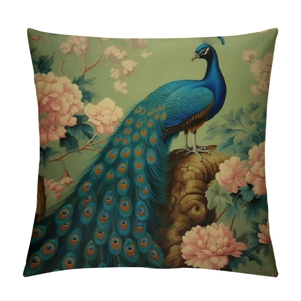 Comio Aqua And Green Red Peacock Bird Floral Chinoiserie Throw Pillow