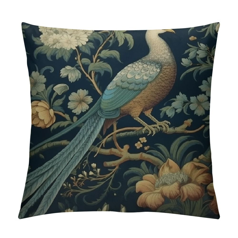 COMIO Aqua and Green Red Peacock Bird Floral Chinoiserie Throw Pillow ...