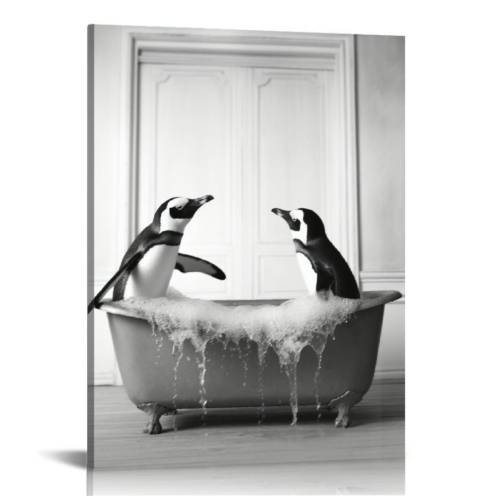 COMIO Art Funny Bathroom Penguin Canvas wall art, Cute Black and White ...