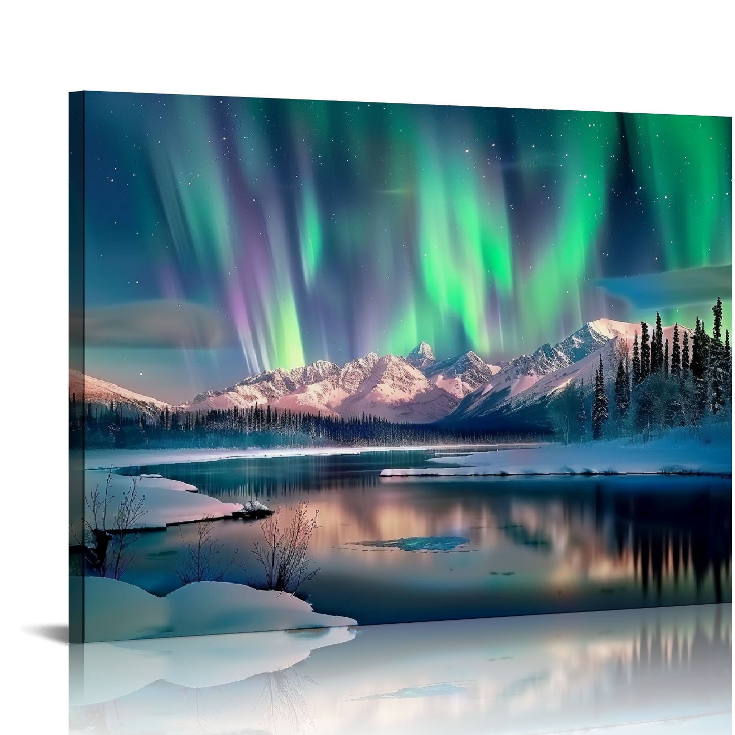 COMIO Aurora Borealis Canvas Wall Art, Green Aurora Trees Lake Picture ...