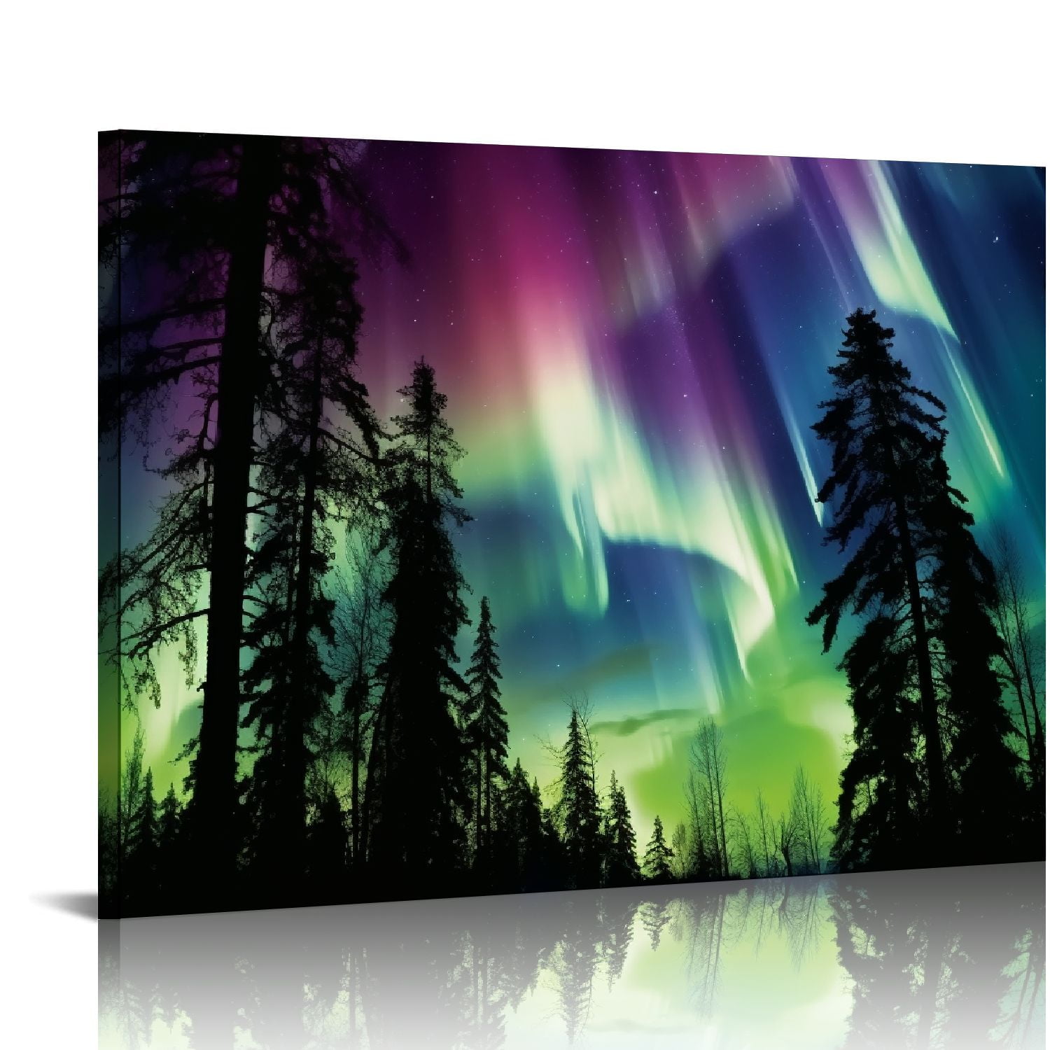 COMIO Aurora Borealis Canvas Wall Art, Green and Purple Aurora Trees ...