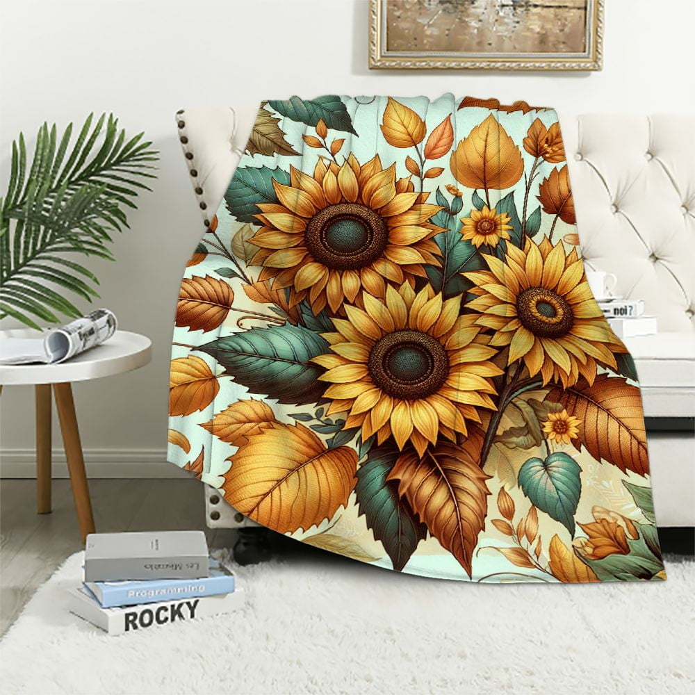 COMIO Autumn Sunflower Leaves Flower Blanket, Soft Blankets Flannel Bed ...