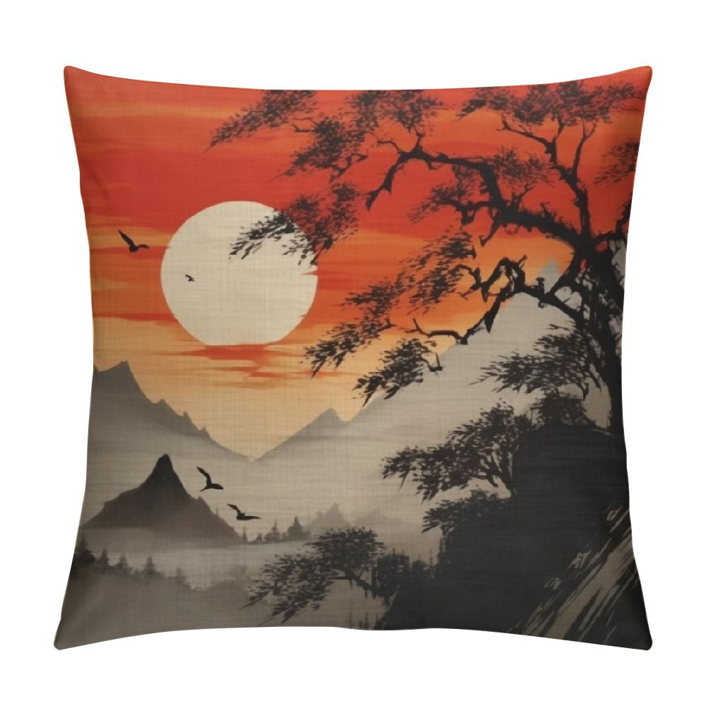 COMIO Bamboo Throw Pillow Cover Japanese Bamboo Trees Sun and Mountains ...