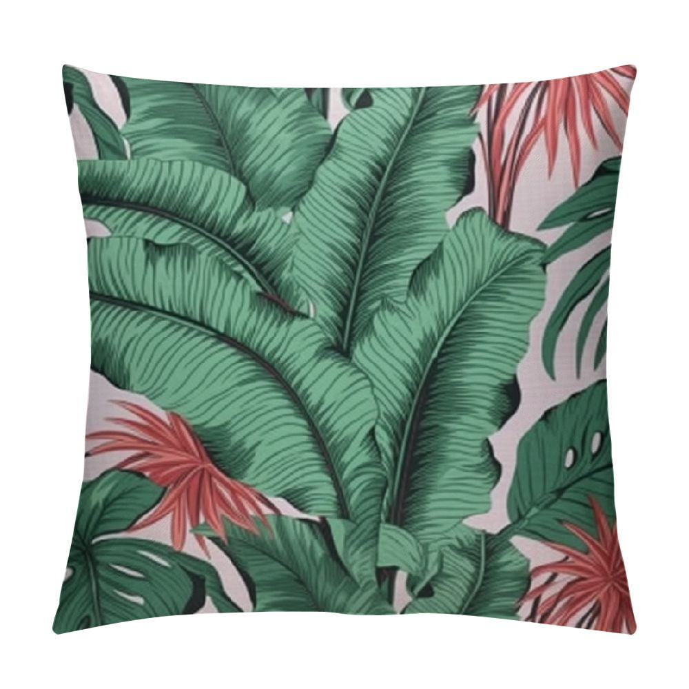 COMIO Banana Leaf Throw Pillow Cover Tropical Green Leaves in The Pink ...
