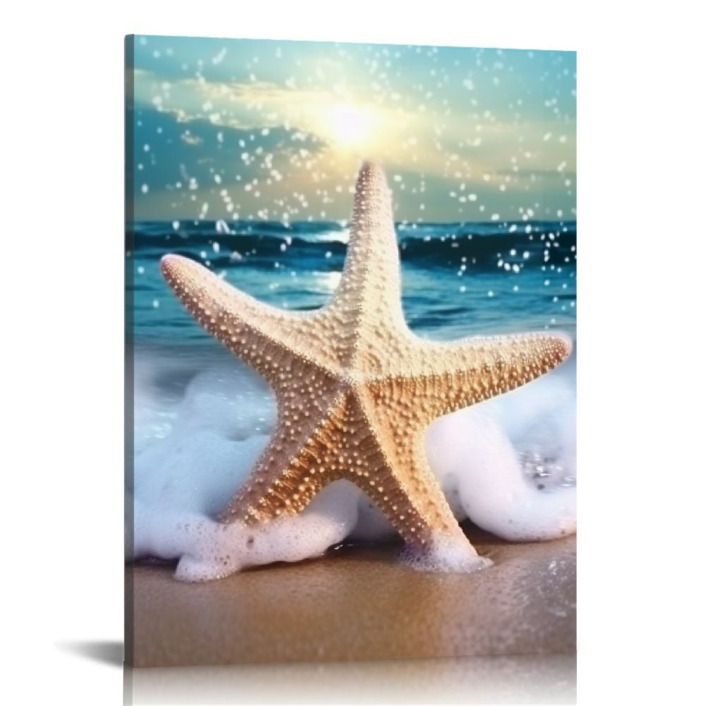 COMIO Bathroom Beach Canvas Wall Art Blue Ocean Picture Sea Shell Print ...