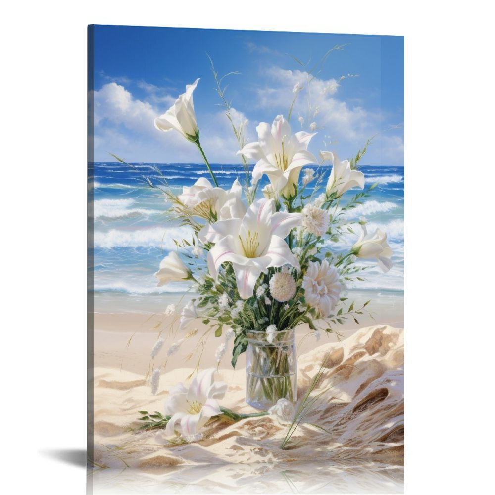 COMIO Bathroom Decor, Wall Art Blue Beach Picture Ocean Theme Flower ...