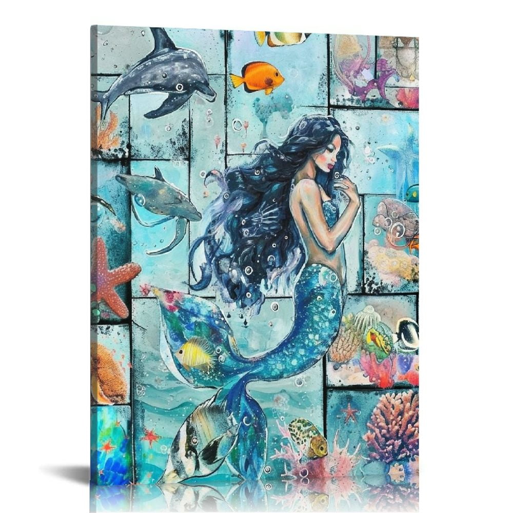 COMIO Bathroom Wall Art Blue Ocean Canvas Wall Decor Sea Turtle Mermaid ...