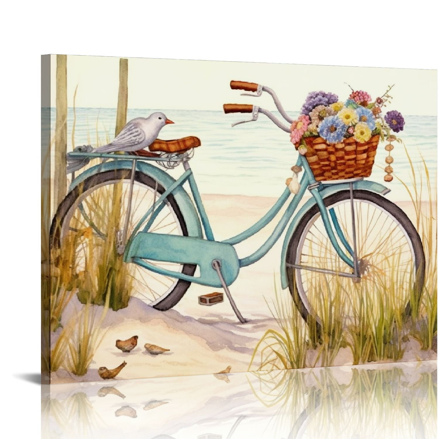 COMIO Beach Bicycle Pictures Wall Art Ocean Coastal Nautical Bathroom Decor Turtle Bike Lavender ...