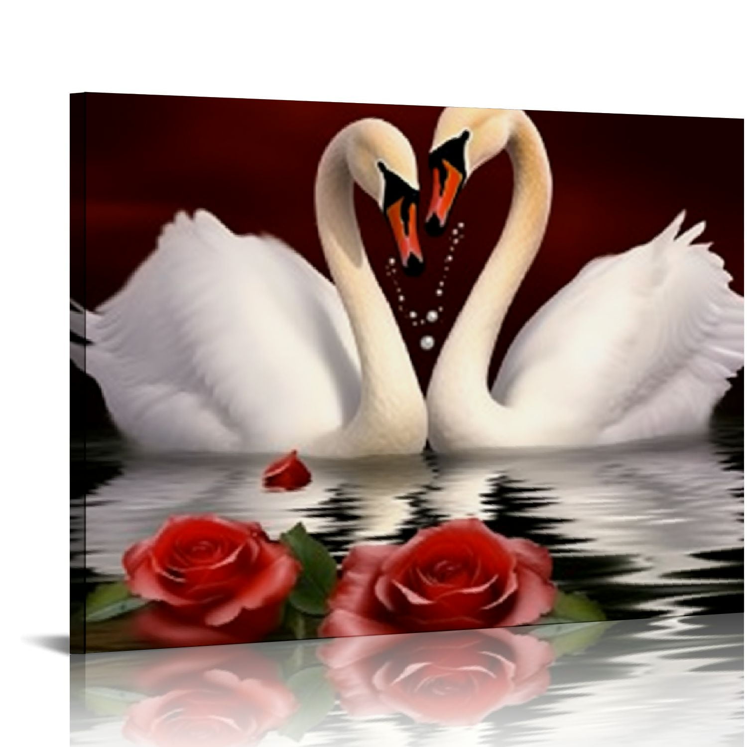 COMIO Beautiful Romantic Swans Art Print on Canvas Red Rose Flowers ...