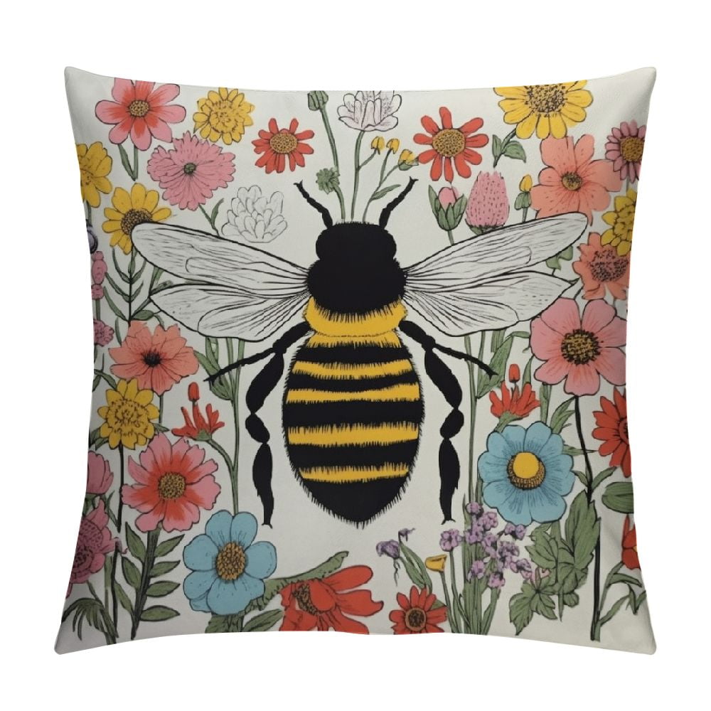 QZHH Bee Kind Wild Flower and Bee Throw Pillow Cover, Seasonal Spring ...