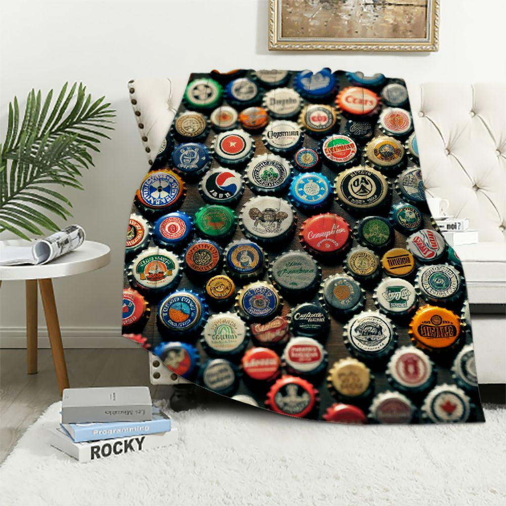 COMIO Beer Caps Throw Blanket Reversible Plush Fluffy Lattice Flannel ...