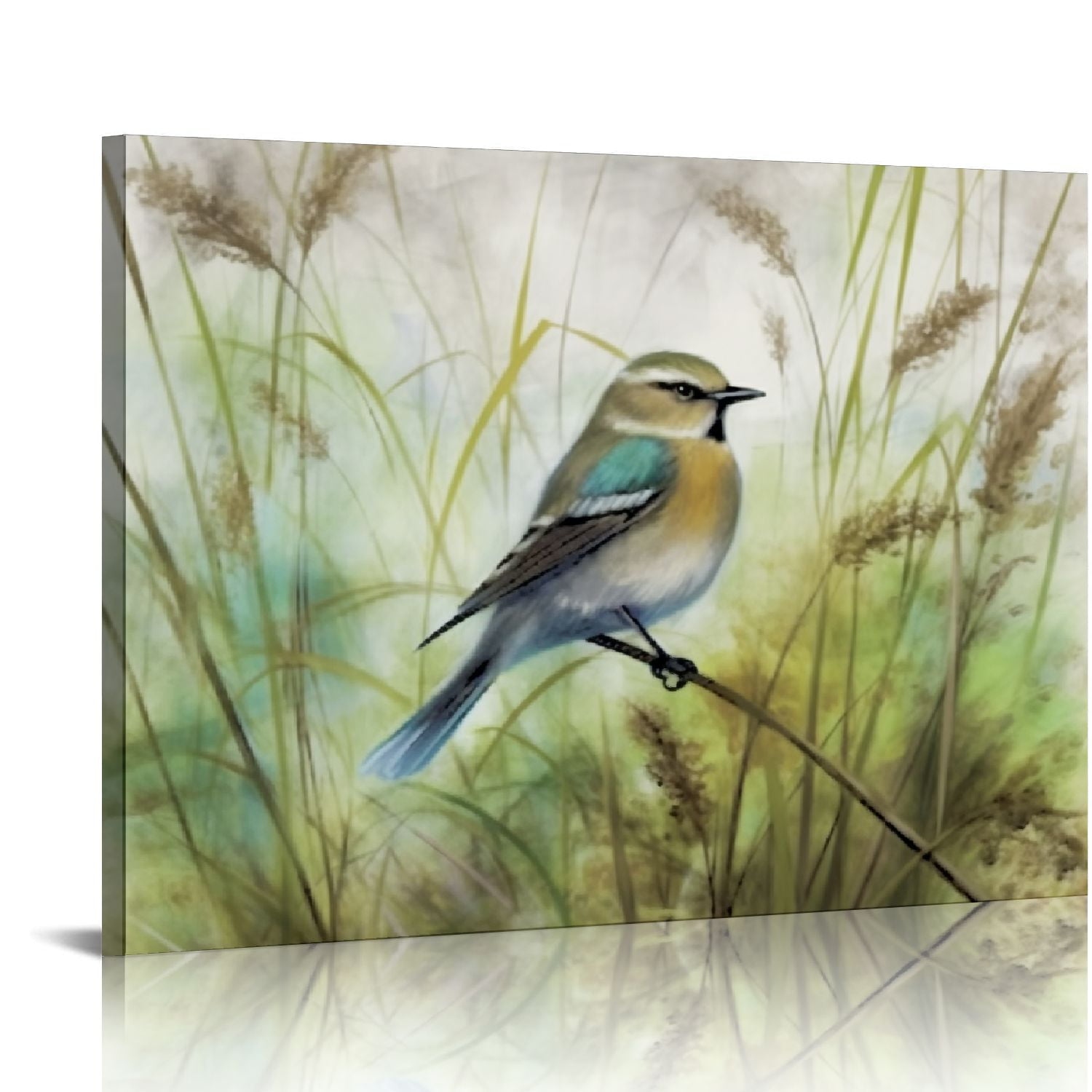 COMIO Bird Canvas Wall Art Green Bird Stay on Reed Nature Painting ...