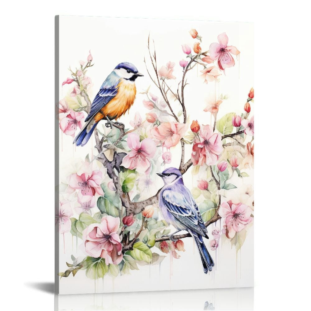 COMIO Birds and Flowers Canvas Wall Art Print Picture Abstract Navy ...