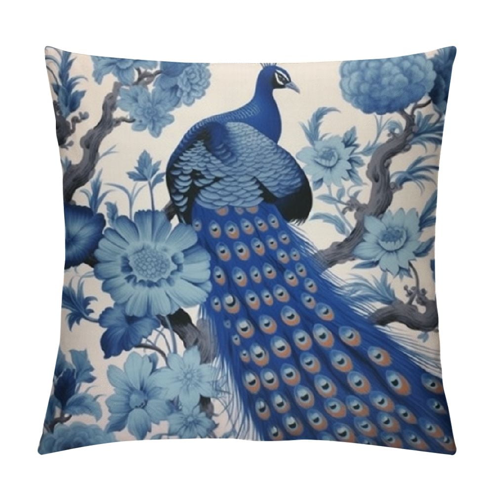 QZHH Birds and Peonies in Blue Color Pillow Cover Case Peacock Pattern ...