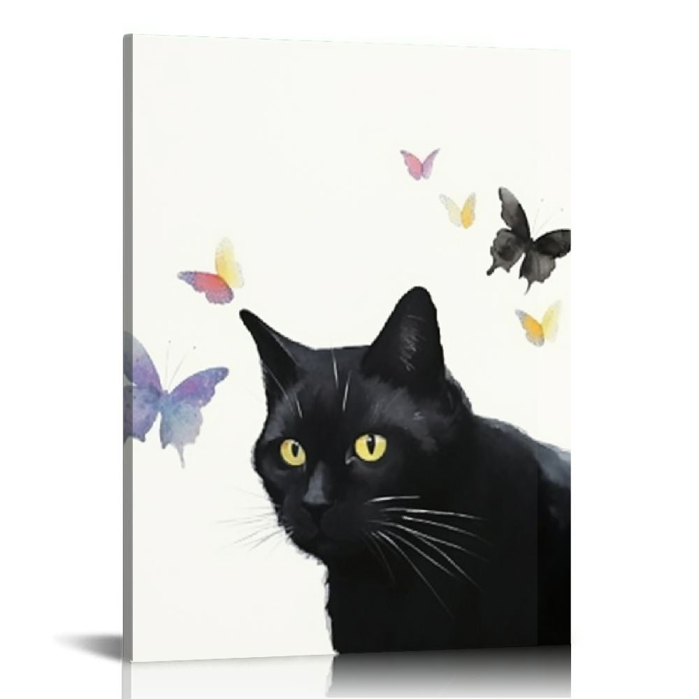 COMIO Black Cat wall art colorful Butterfly Art Print, kitten Poster ...