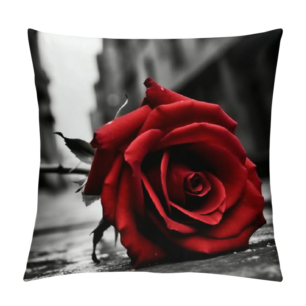COMIO Black Red Rose Flower Throw Pillow Covers Vintage Floral Print ...