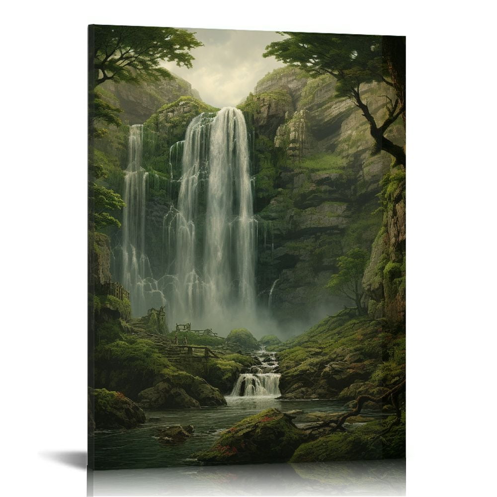 COMIO Black Teal Canvas Wall Art Waterfall Picture Painting on Canvas ...