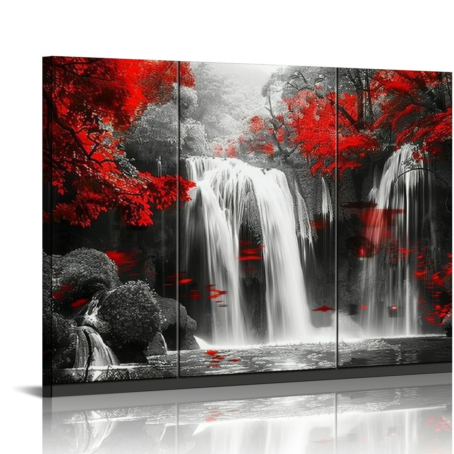 COMIO Black White and Red Canvas Wall Art Red Woods Waterfall Canvas ...