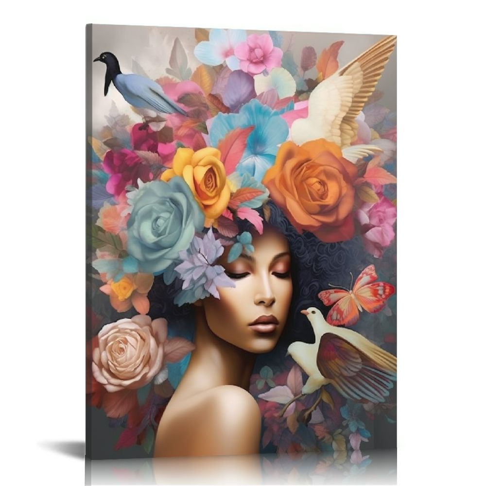 COMIO Black women Floral Wall Art - Boho Wall Decor for African Americans, Black Girl - Black ...
