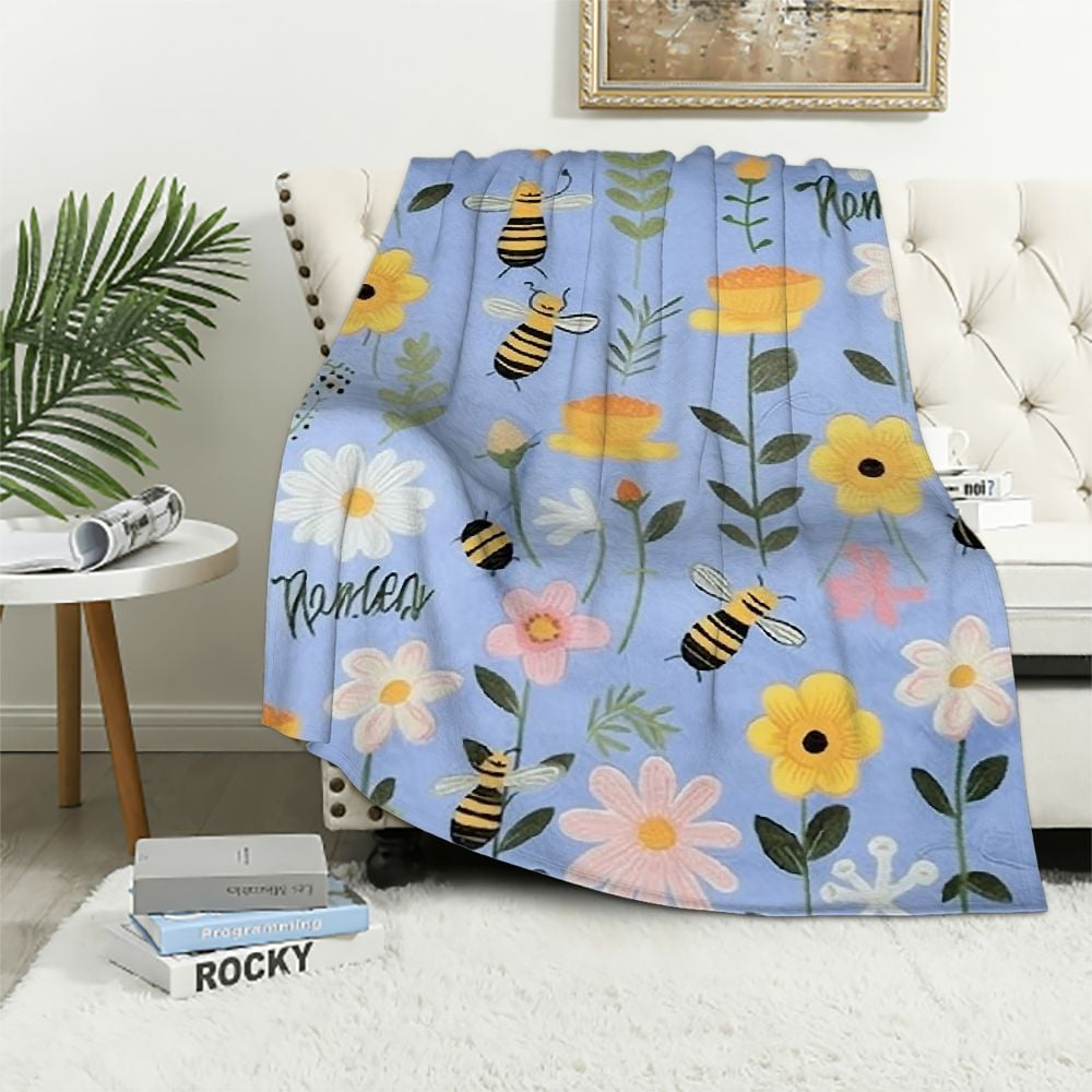 COMIO Blanket Funny Cute Bee Blanket for Kids Blue Blanket Fluffy Warm ...