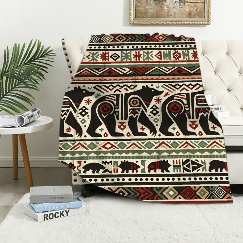 COMIO Blanket Throw Brown Bear and Pine Trees Pattern White Background Soft Lightweight Coral ...