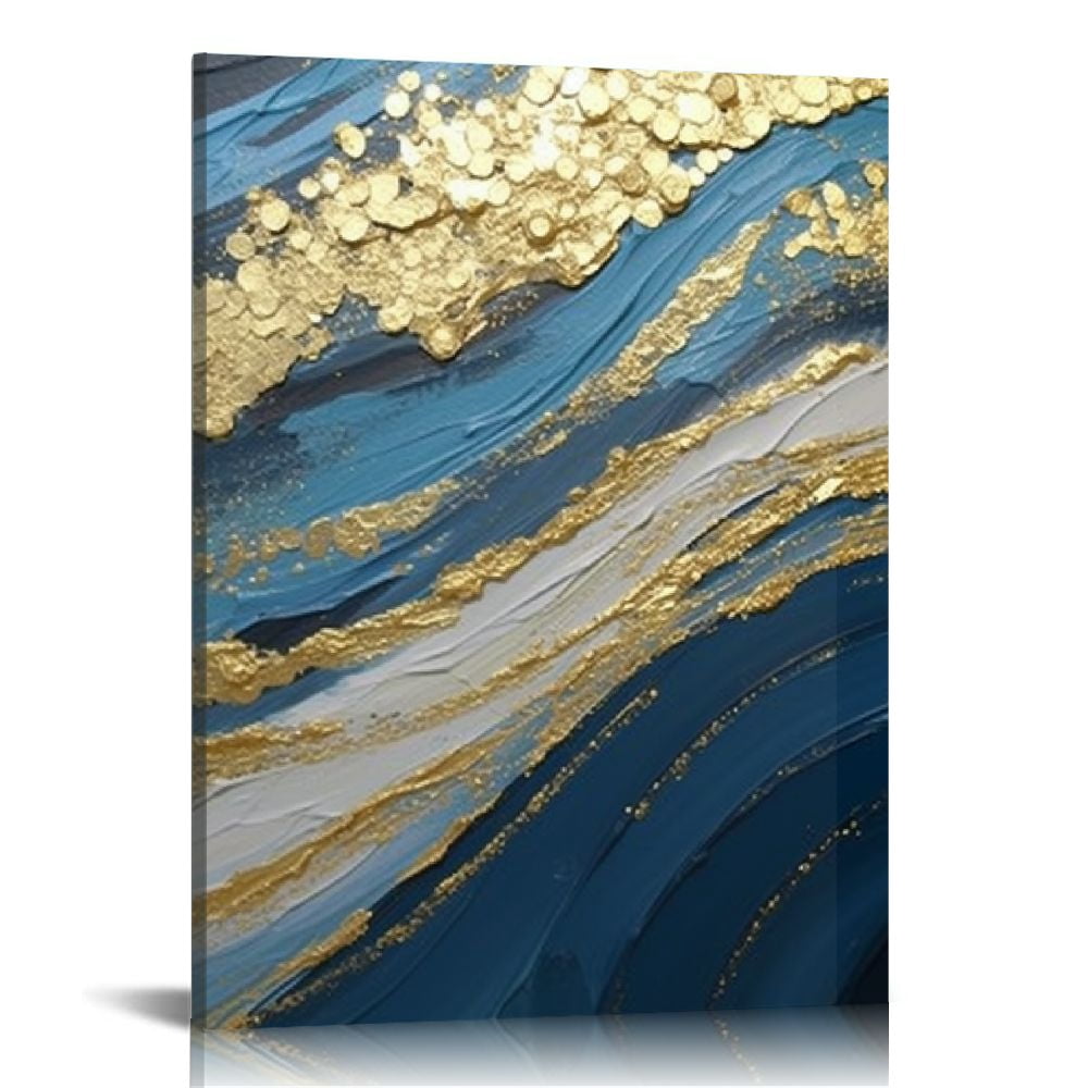 COMIO Blue Abstract Picture Canvas Wall Art Painted with Gold Foil for ...