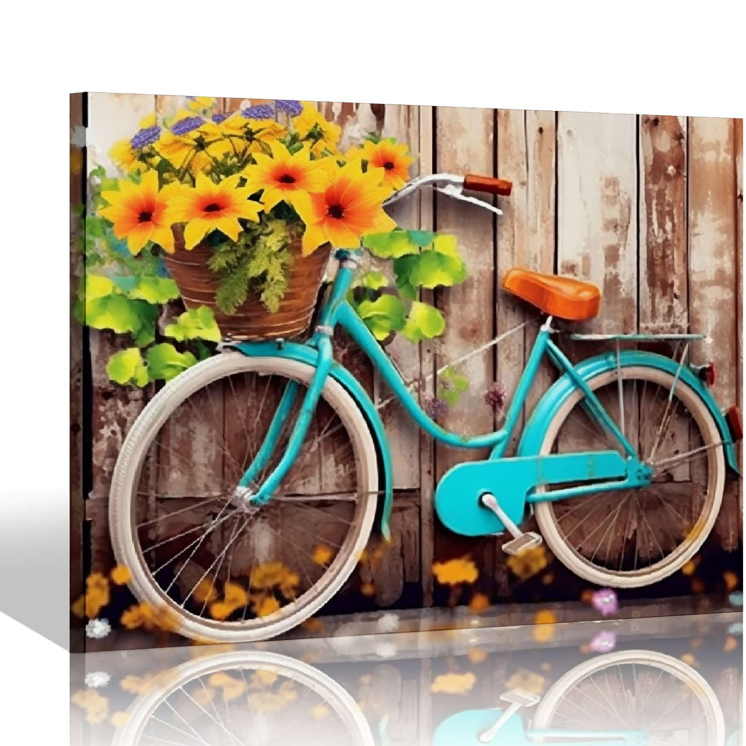 COMIO Blue Bicycle Flower With Wood Grain Wall Art Picture Canvas ...